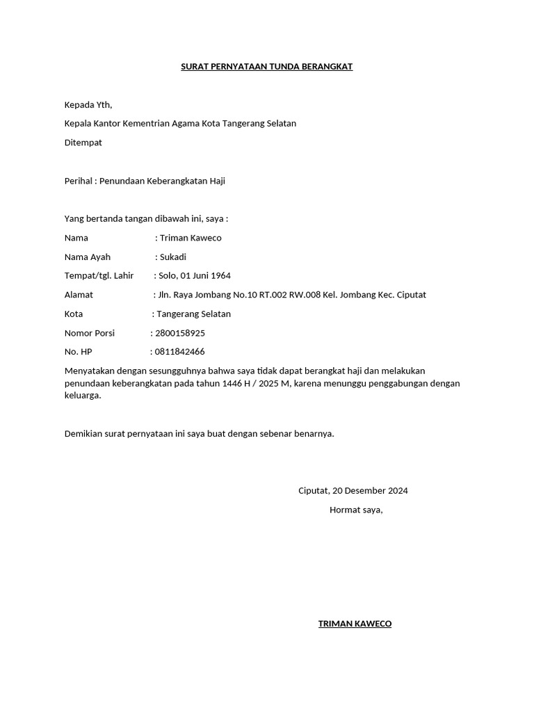 Surat Pernyataan Tunda Berangkat | PDF