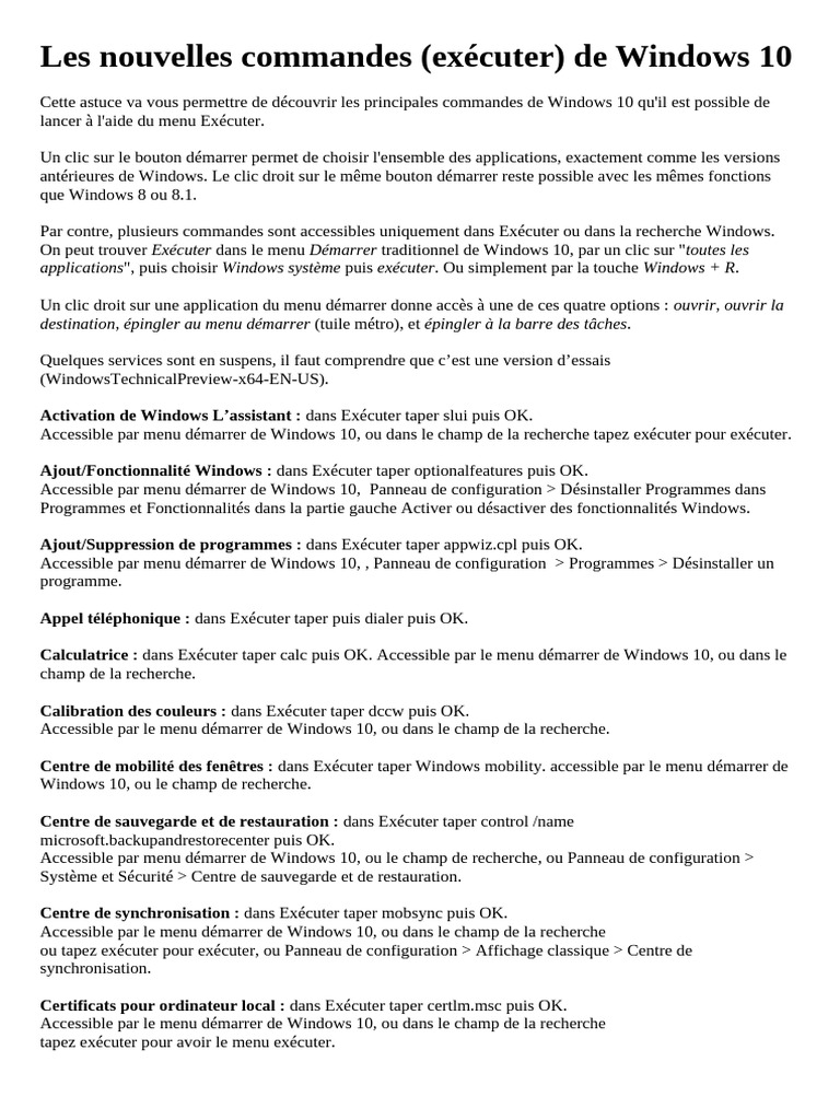 Les Principales Commandes Executer - Win 10 | PDF | Windows 10 ...