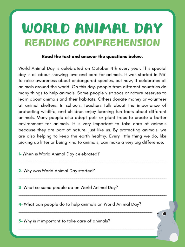 World Animal Day Reading Comprehension Worksheet in Green Simple Style ...