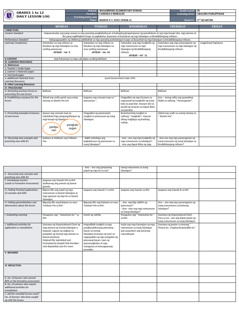 DLL - Araling Panlipunan 3 - Q4 - W4 | PDF