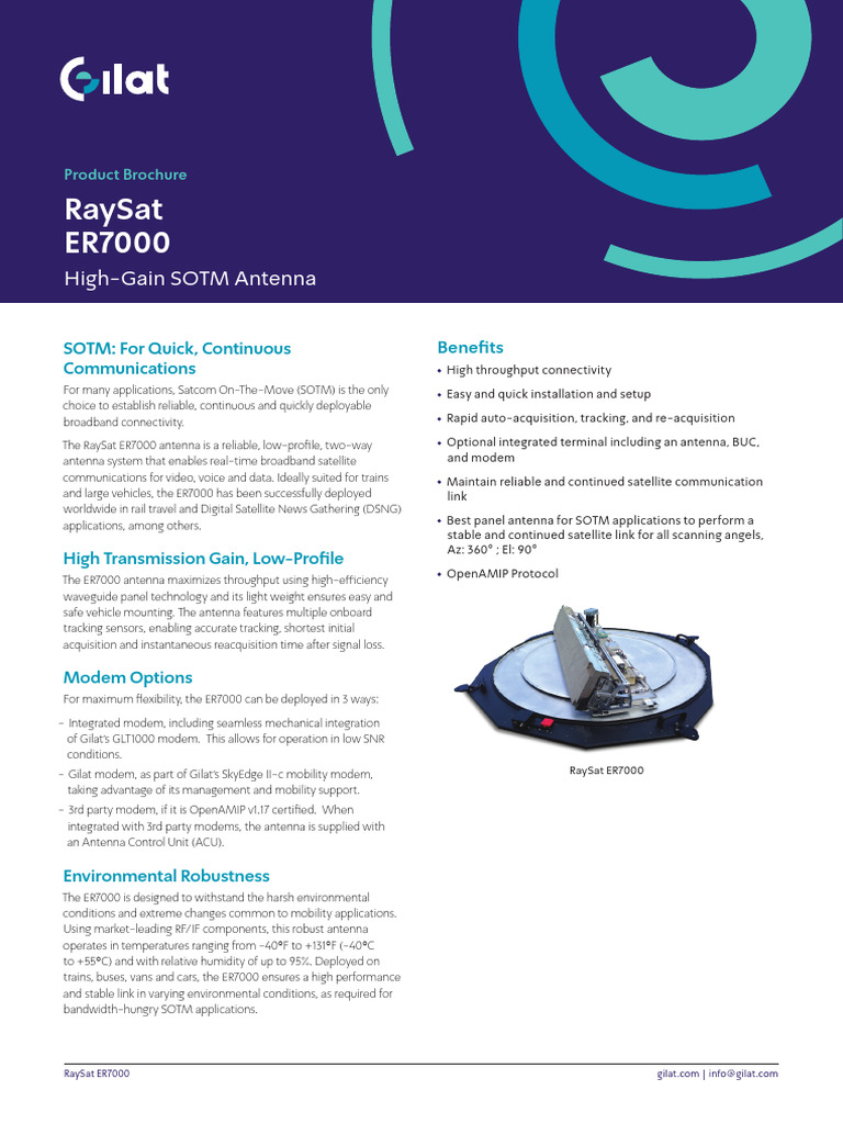 Gilat Product Sheet RaySat ER7000 3 | PDF | Antenna (Radio) | Modem