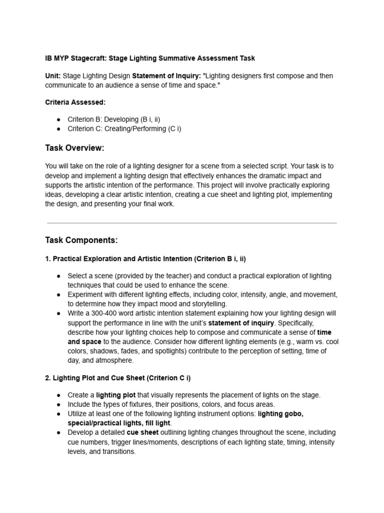 IB MYP Stagecraft - Stage Lighting Summative Assessment Task | PDF ...