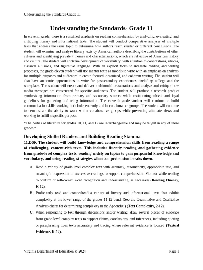 Grade 11 Understanding The Standards | PDF | Reading Comprehension ...