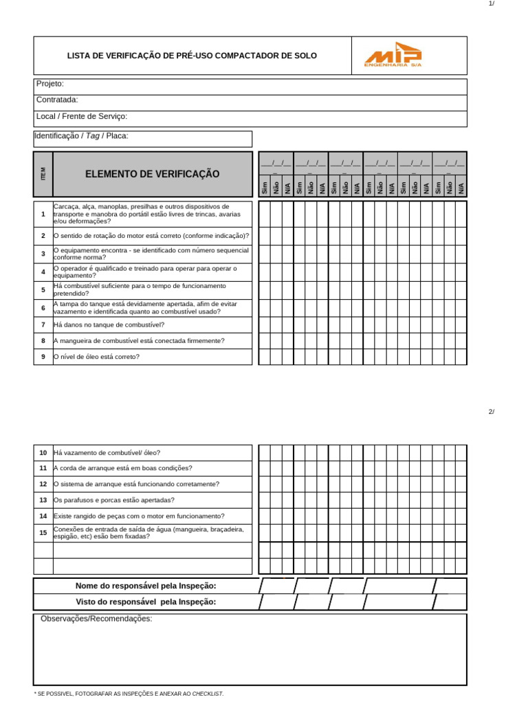 Check List de Pre Uso Compactador de Solo | PDF