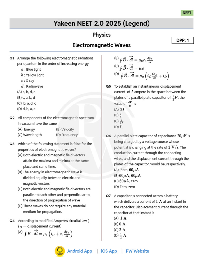 Electromagnetic Waves - DPP 01 (Of Lec-02) - Yakeen NEET 2.0 2025 ...