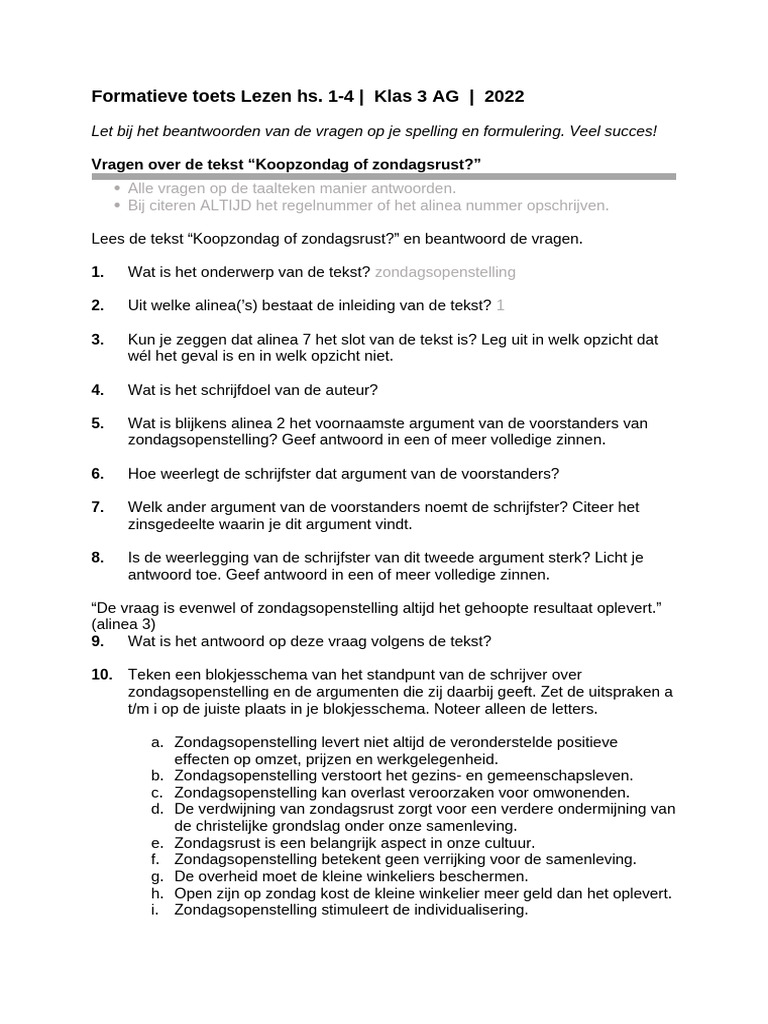 Formatieve Toets + Antwoorden Lezen Hs. 1-4 AG3 | PDF