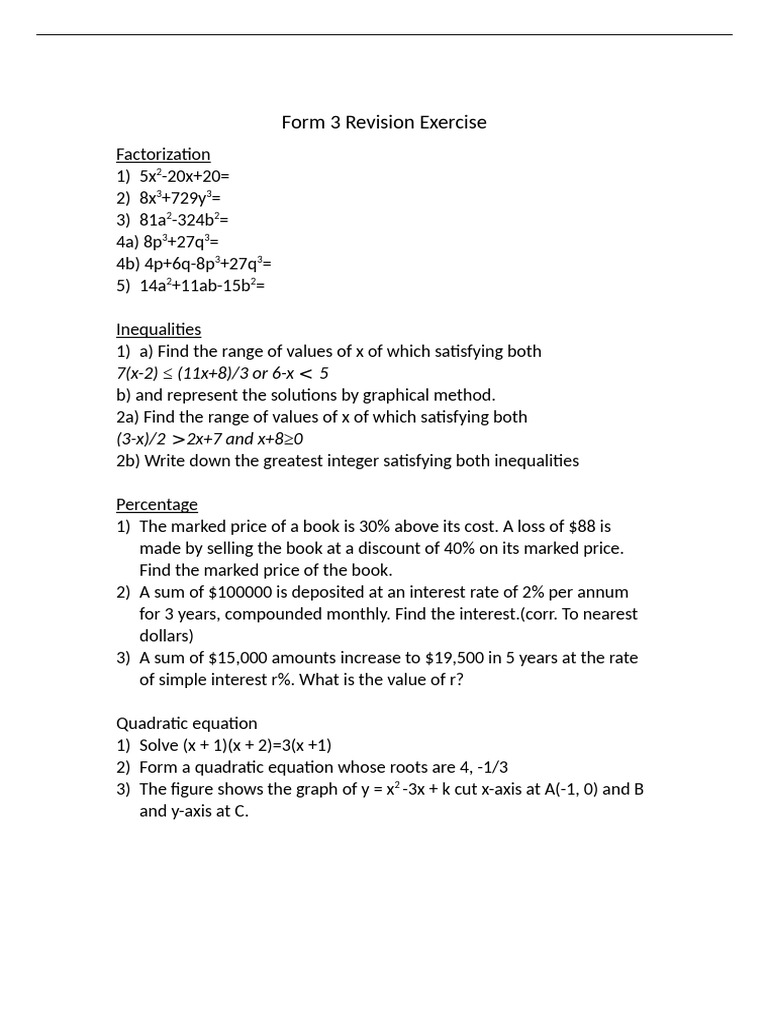 Form 3 Revision Exercise | PDF | Equations | Quadratic Equation