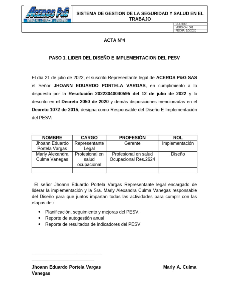 Acta N°5 Lider Del Diseño e Implementacion Del Pesv | PDF