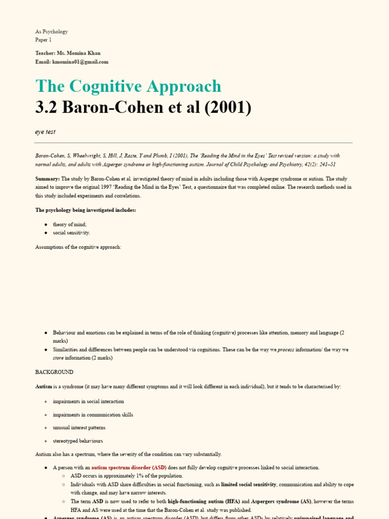 3.2 Baron-Cohen (Eye Test) | PDF | Theory Of Mind | Autism