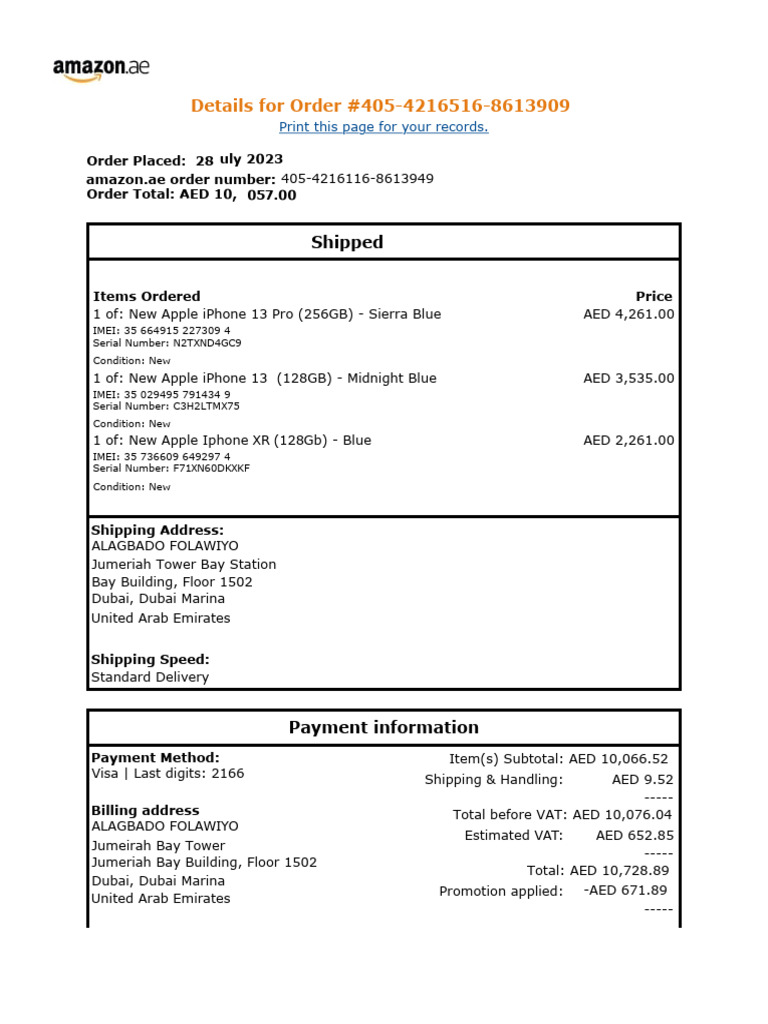 Amazon UAE Order Summary and Invoice | PDF