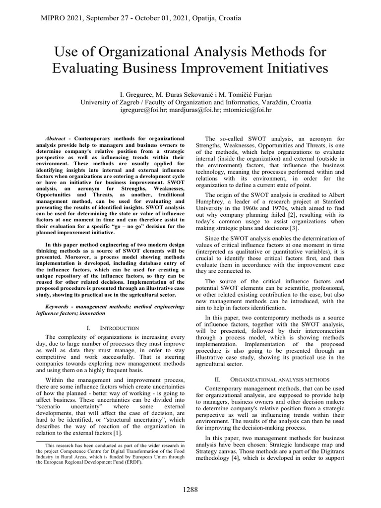 Use of Organizational Analysis Methods For Evaluating Business ...