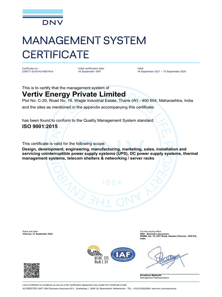 Vertiv ISO-9001 Certificate | PDF | Systems Thinking | Regulation