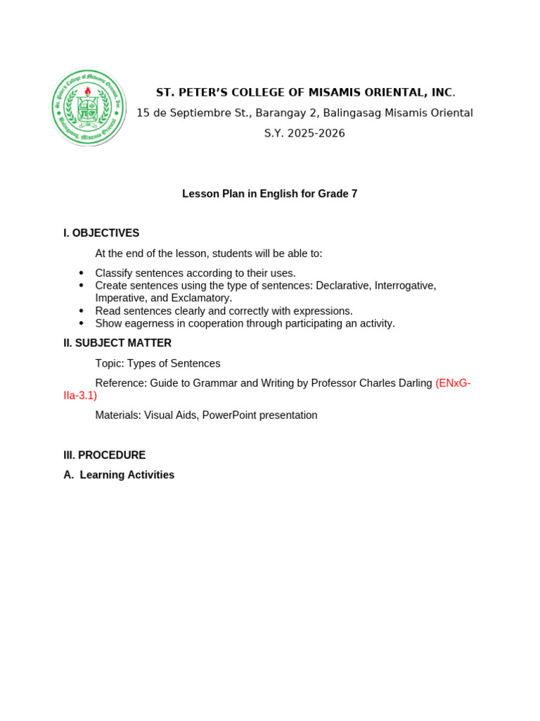 Lesson Plan (Types of Sentences) | PDF | Sentence (Linguistics ...