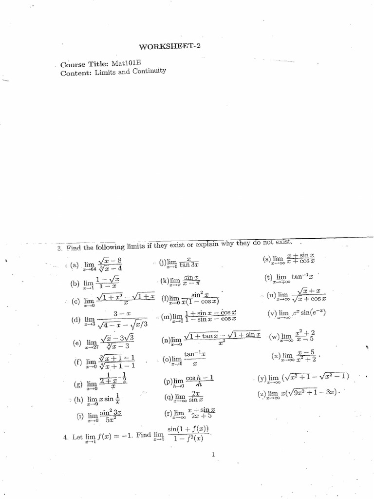 WS2 Limit Continuity (Week2 Week3 Exercises | PDF