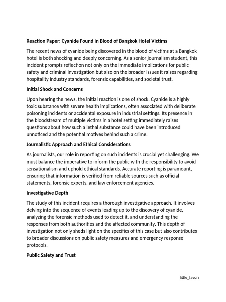Reaction Paper - Cyanide Found in Blood of Bangkok Hotel Victims | PDF ...