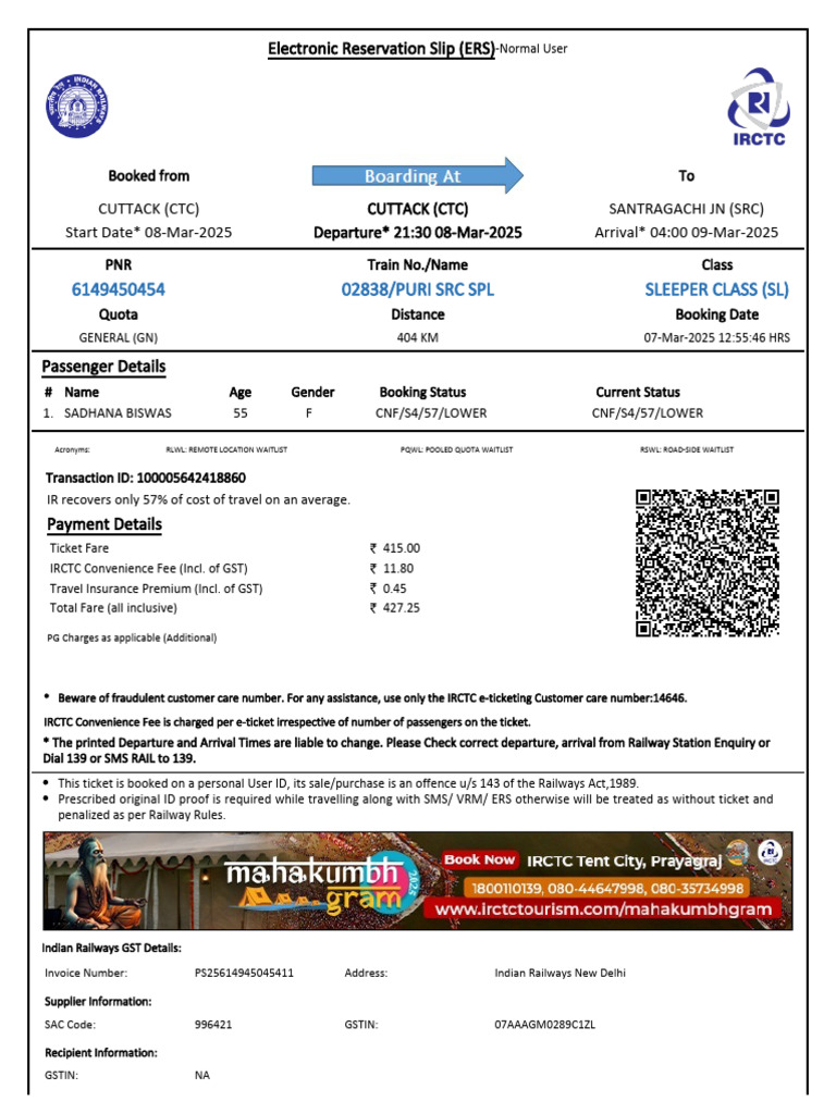 Electronic Reservation Slip for Train Travel | PDF | Identity Document ...