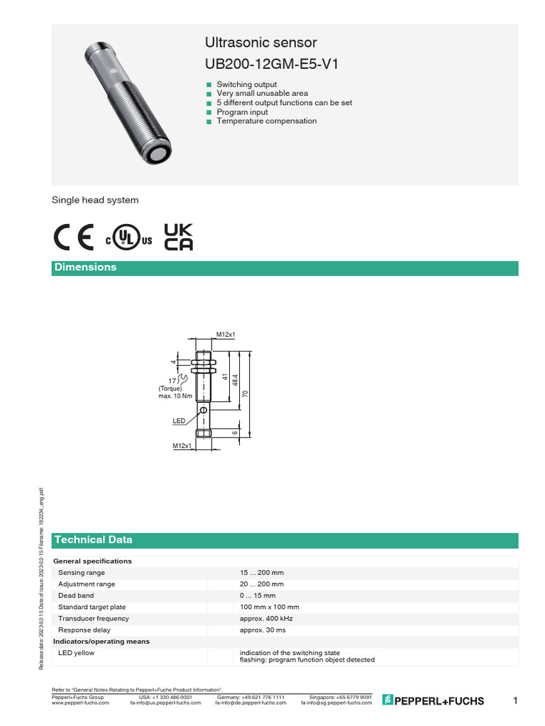 Ultrasonic Sensor UB200-12GM-E5-V1: Dimensions | PDF | Switch ...