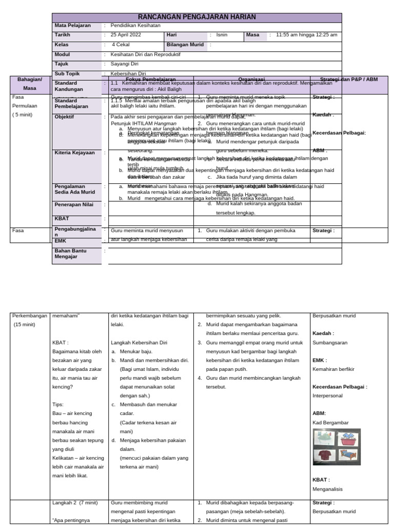 RPH 4 CEKAL - KEBERSIHAN DIRI AKIL BALIGH | PDF