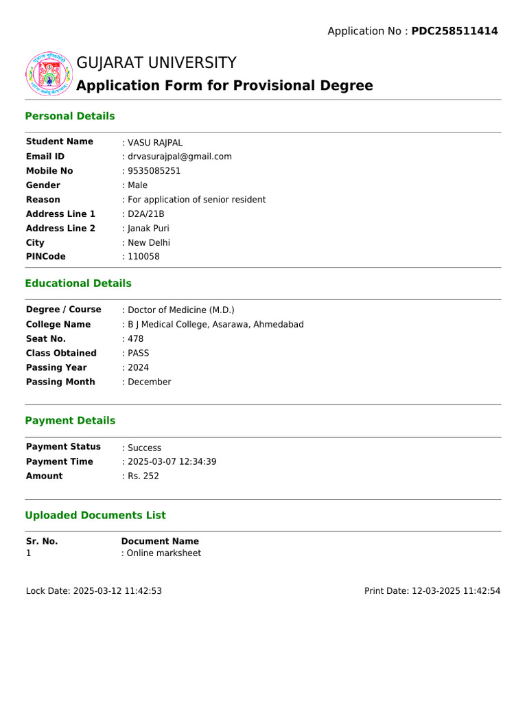 Gujarat University Application | PDF