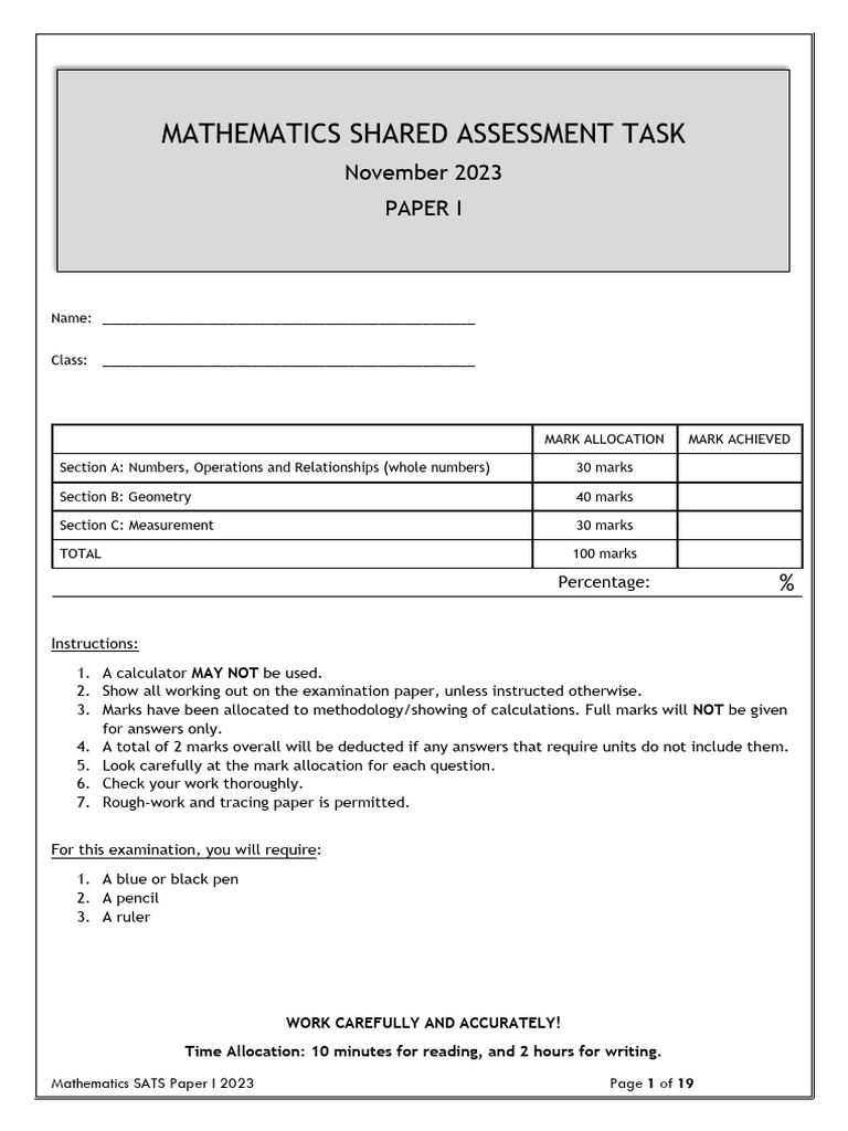 Mathsematics Shared Assessment Paper I 2023 | PDF | Area | Shape