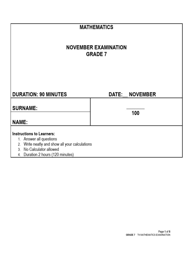 Grade 7 Maths Exam t4 2014 | PDF | Mathematics