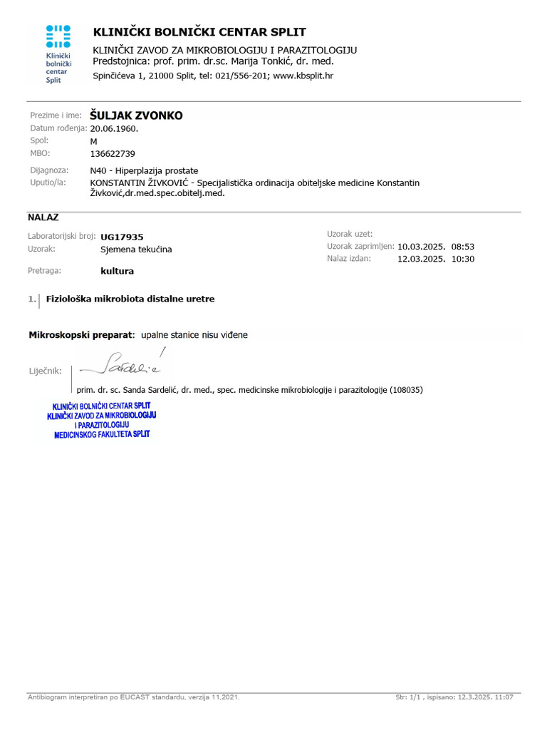 Nalaz - ZVONKO ŠULJAK [11-07-46 12.03.2025] | PDF