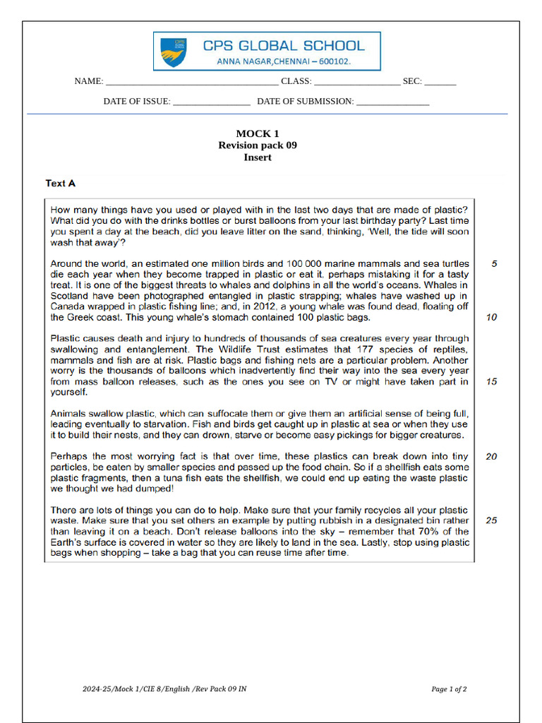 English Mock 1 REV Pack 9 IN P1 | PDF