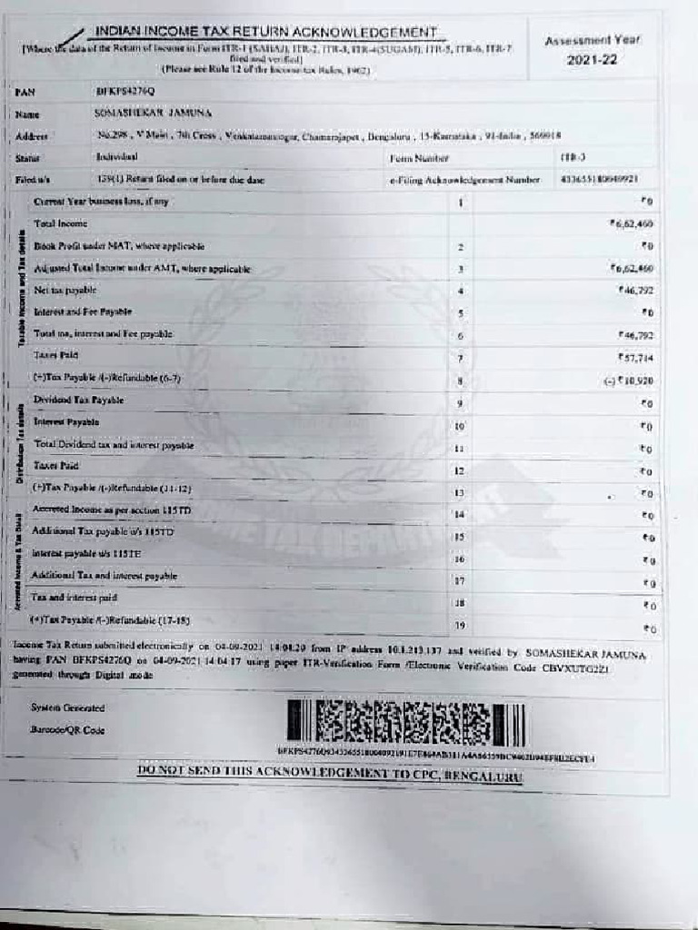 Indian Income Tax Return Acknowledgment | PDF