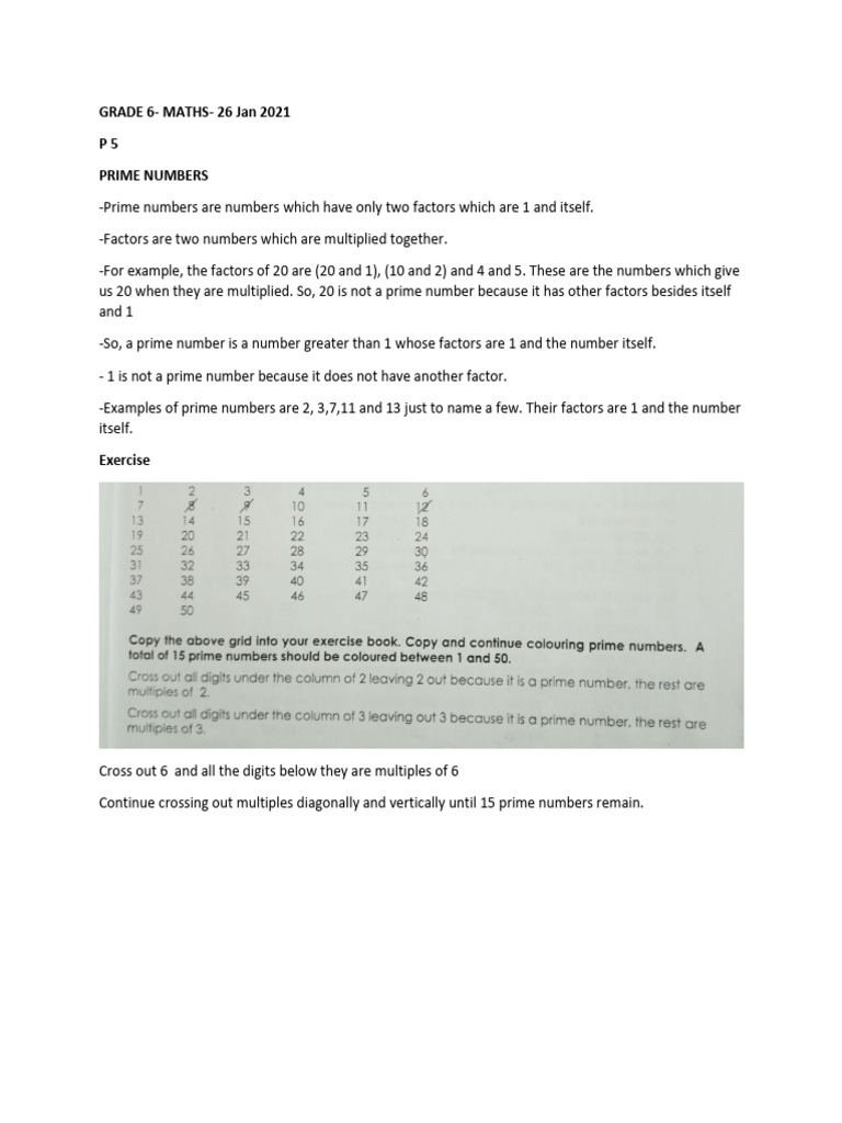 GRADE 6 - MAT - 26 Jan 2021 - Prime Numbers | PDF