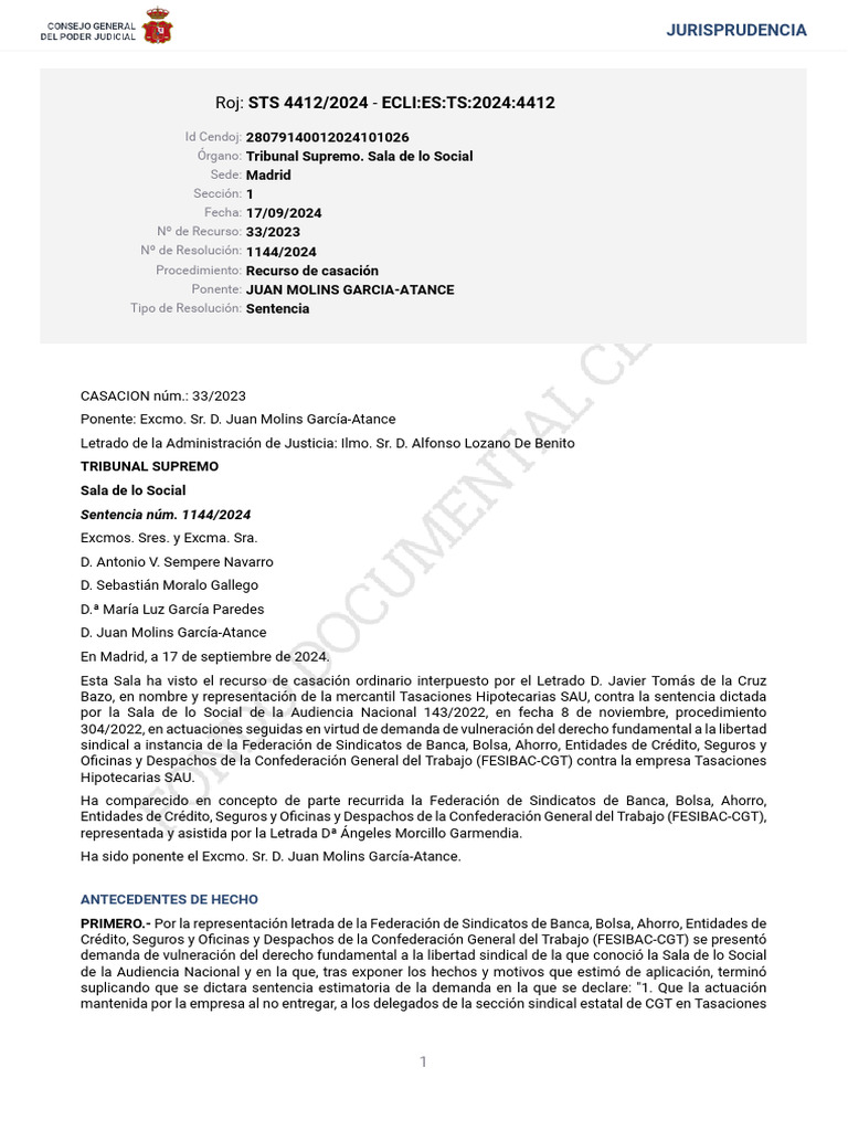 STS_4412_2024 Libertad Sindical vs Privacidad | PDF | Sindicato | Caso de ley