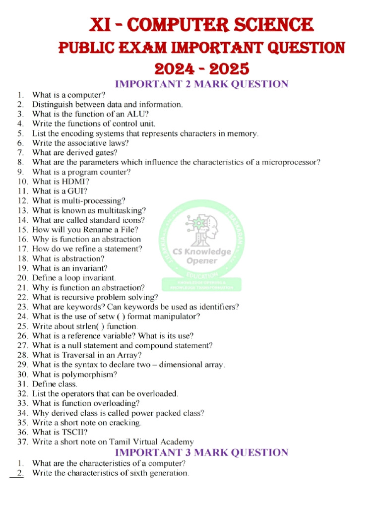 11th Computer Science Important 2,3,5 Marks | PDF
