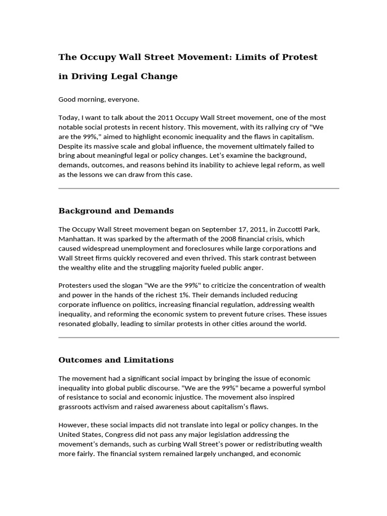 Occupy Wall Street: Protest vs. Legal Change | PDF | Occupy Wall Street ...