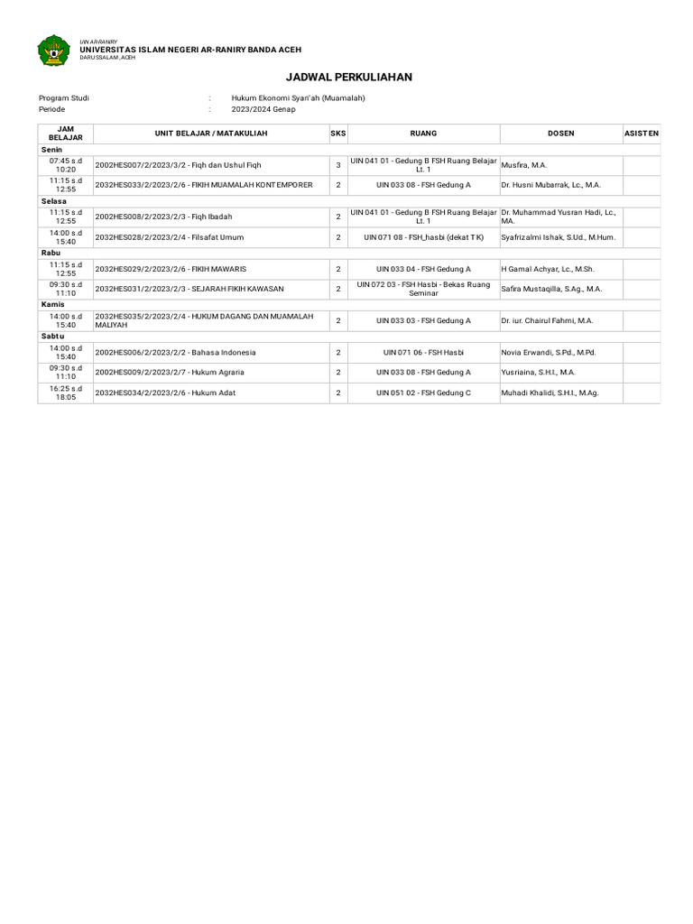 Roster Jadwal Perkuliahan | PDF