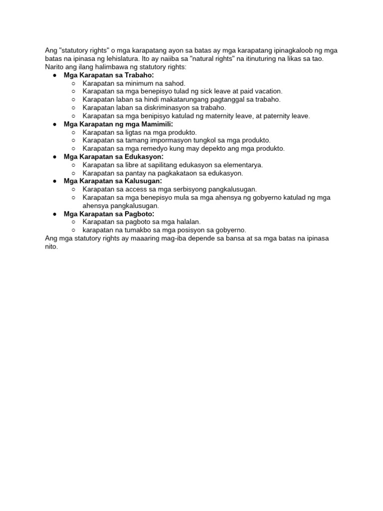 Halimbawa NG Statutory Rights | PDF