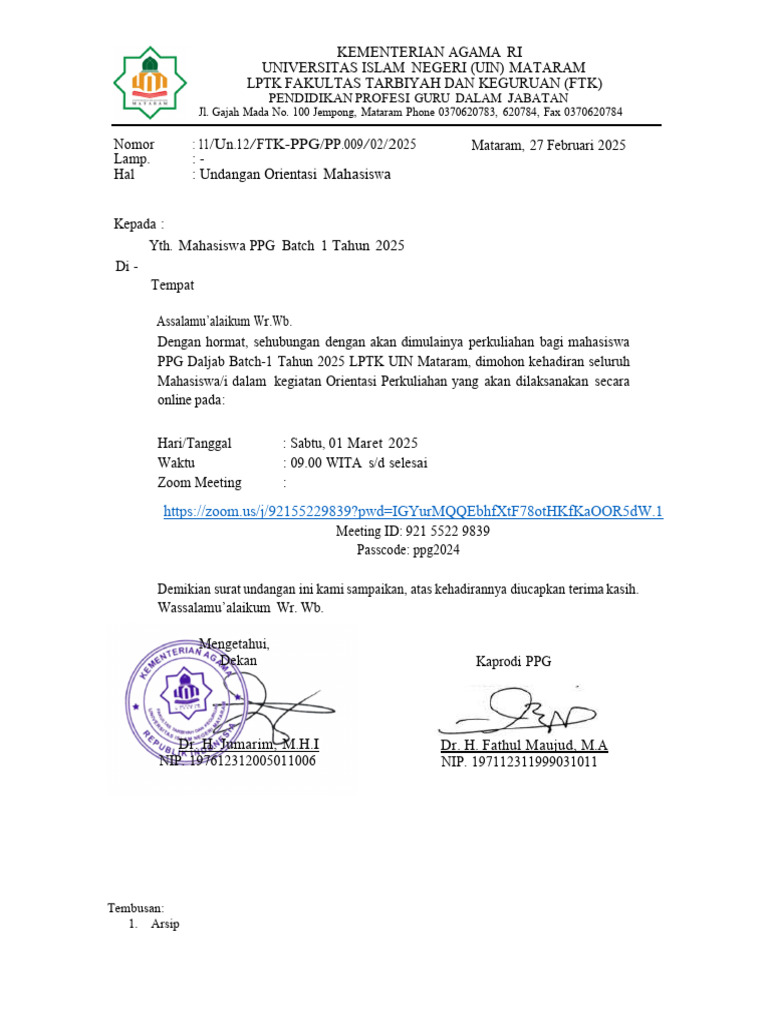 Surat Und Orientasi Mhs Batch 1.2025 | PDF
