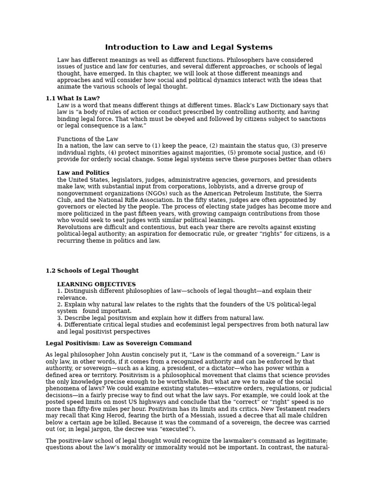 Introduction To Law And Legal Systems Pdf Natural Law Positivism