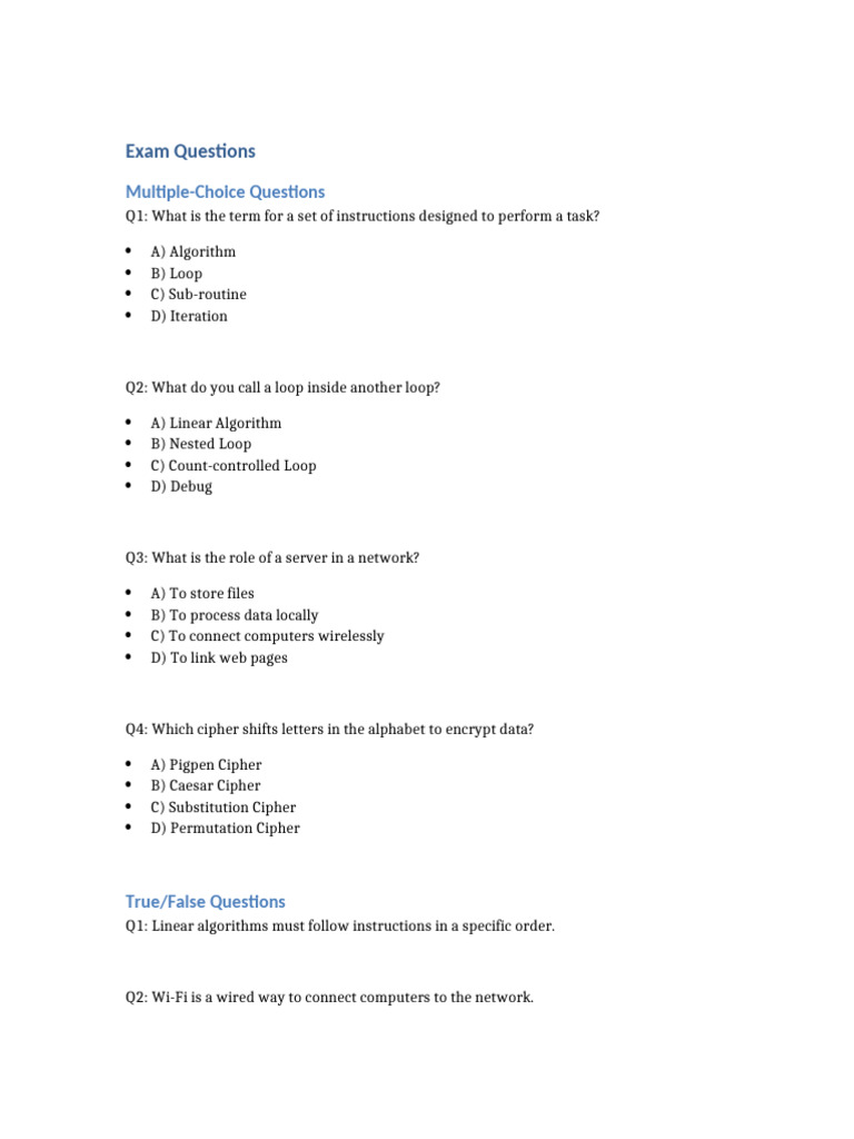 Exam Questions No Answers | PDF