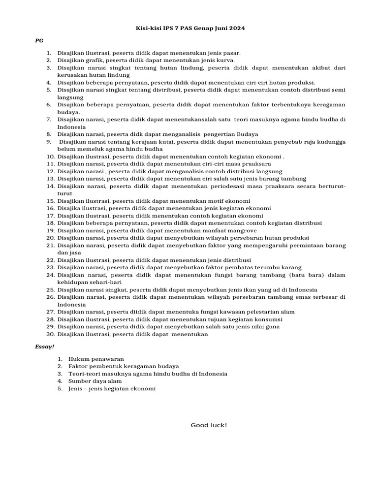 Kisi-Kisi IPS 7 PAS Juni 2024 | PDF