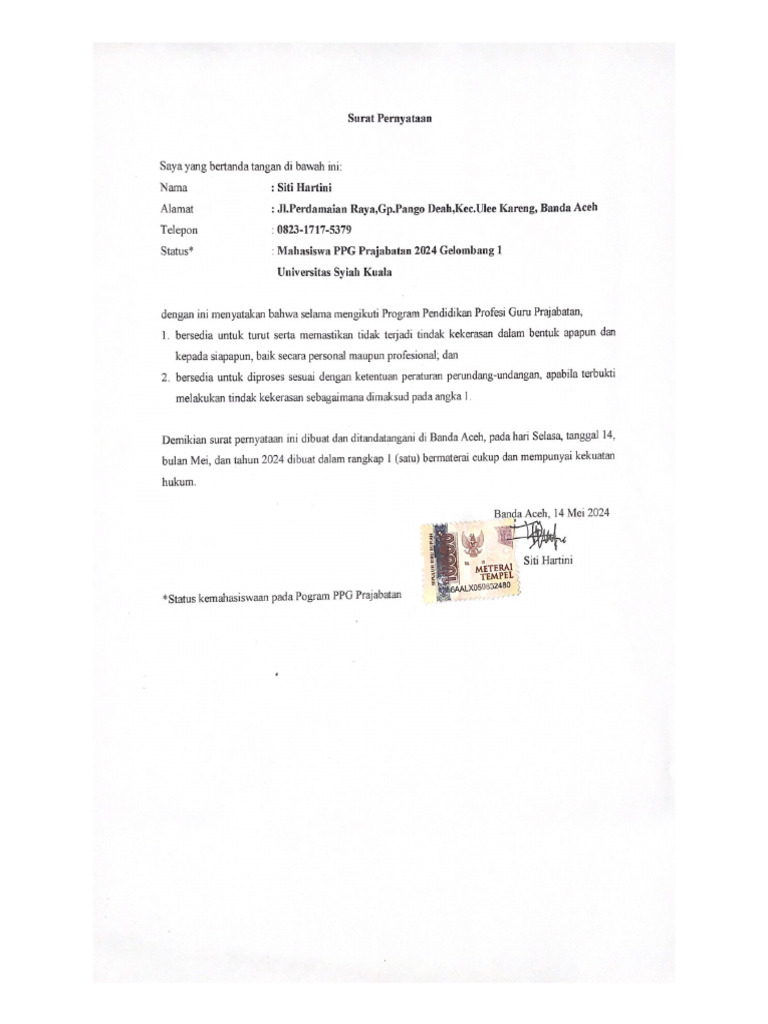 Surat Pernyataan Pks Siticantik | PDF