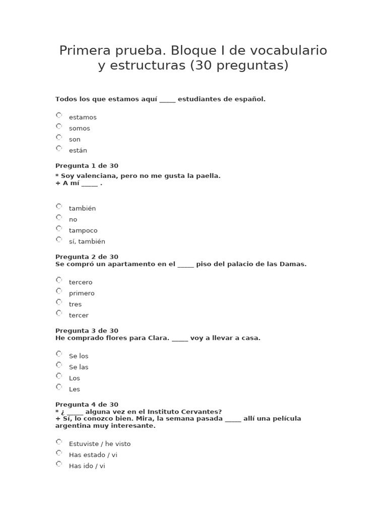 Prueba de vocabulario y estructuras | PDF