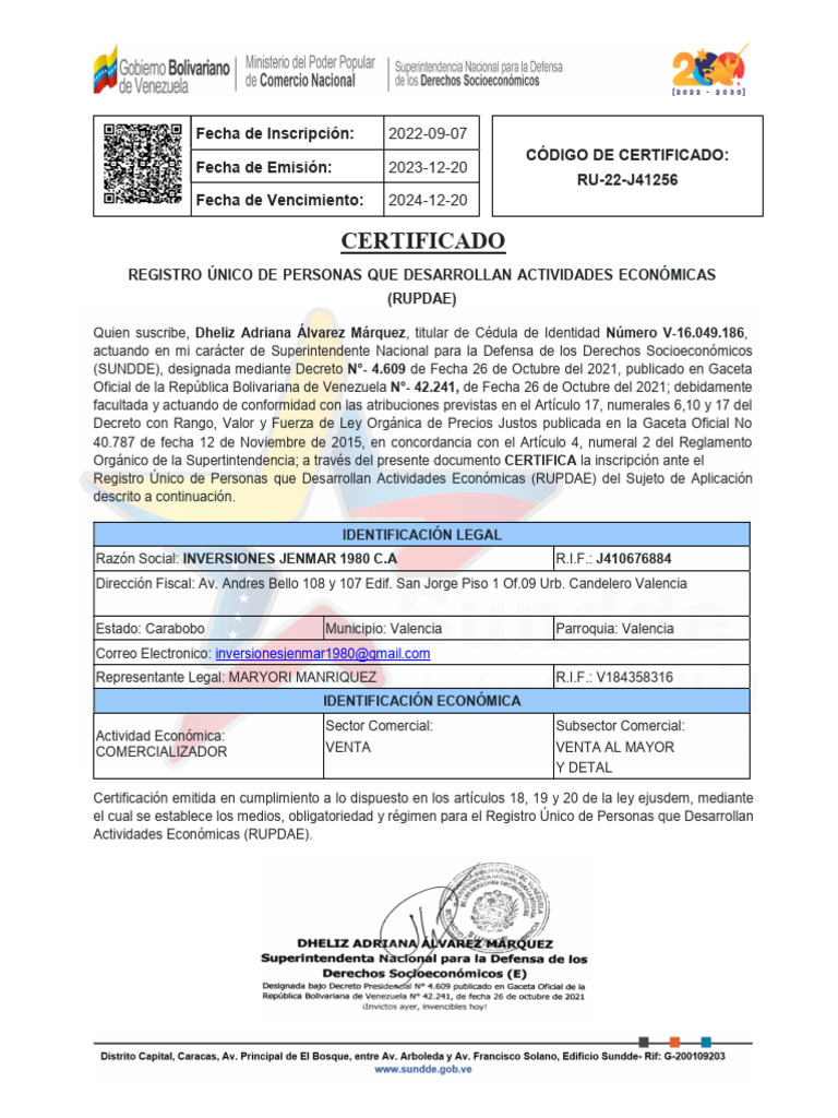 Certificado RUPDAE Inversiones Jenmar 1980 | PDF | Gobierno