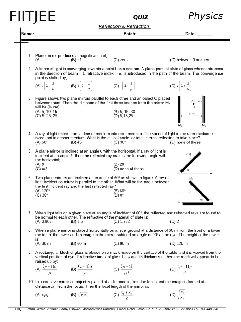 FIITJEE Physics Quiz: Reflection & Refraction | PDF | Reflection ...