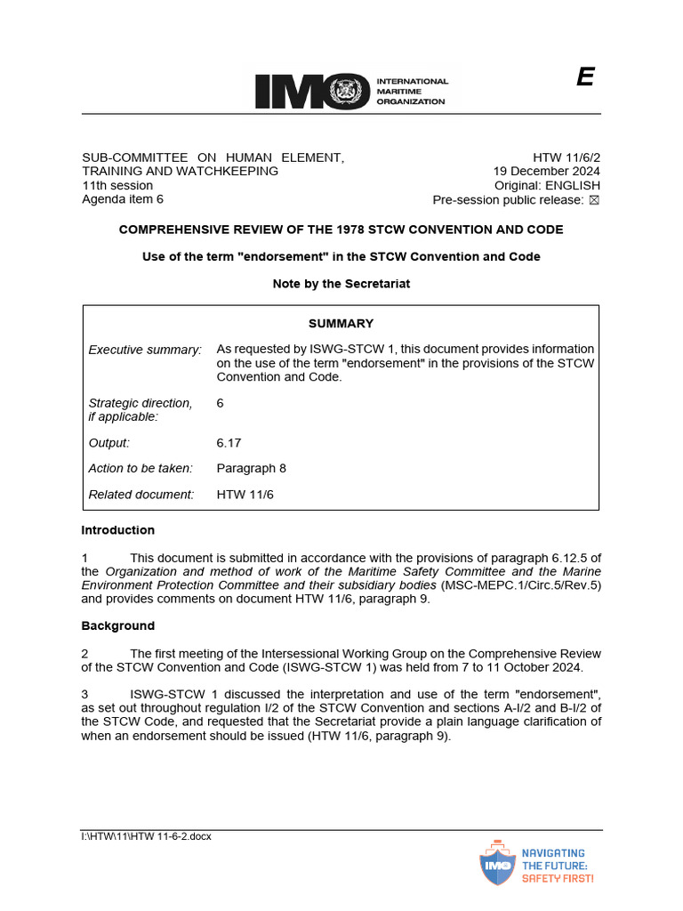HTW 11-6-2 - Use of The Term Endorsement in The STCW Convention and Code (Secretariat) | PDF ...