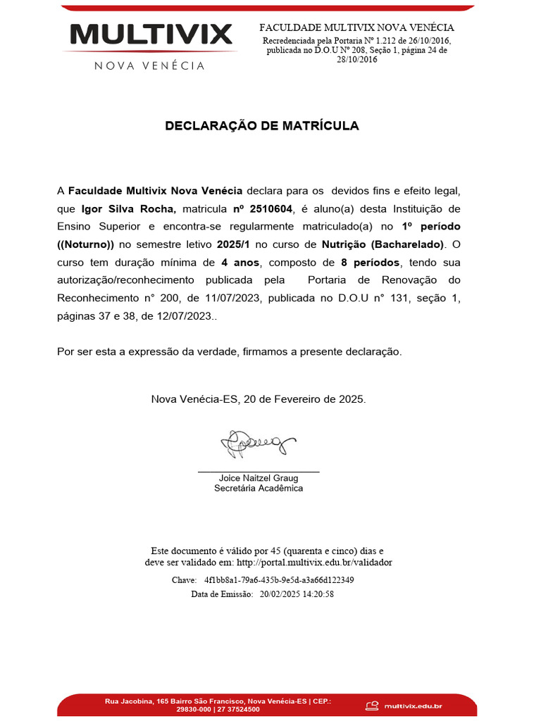 Declaração de Matrícula | PDF