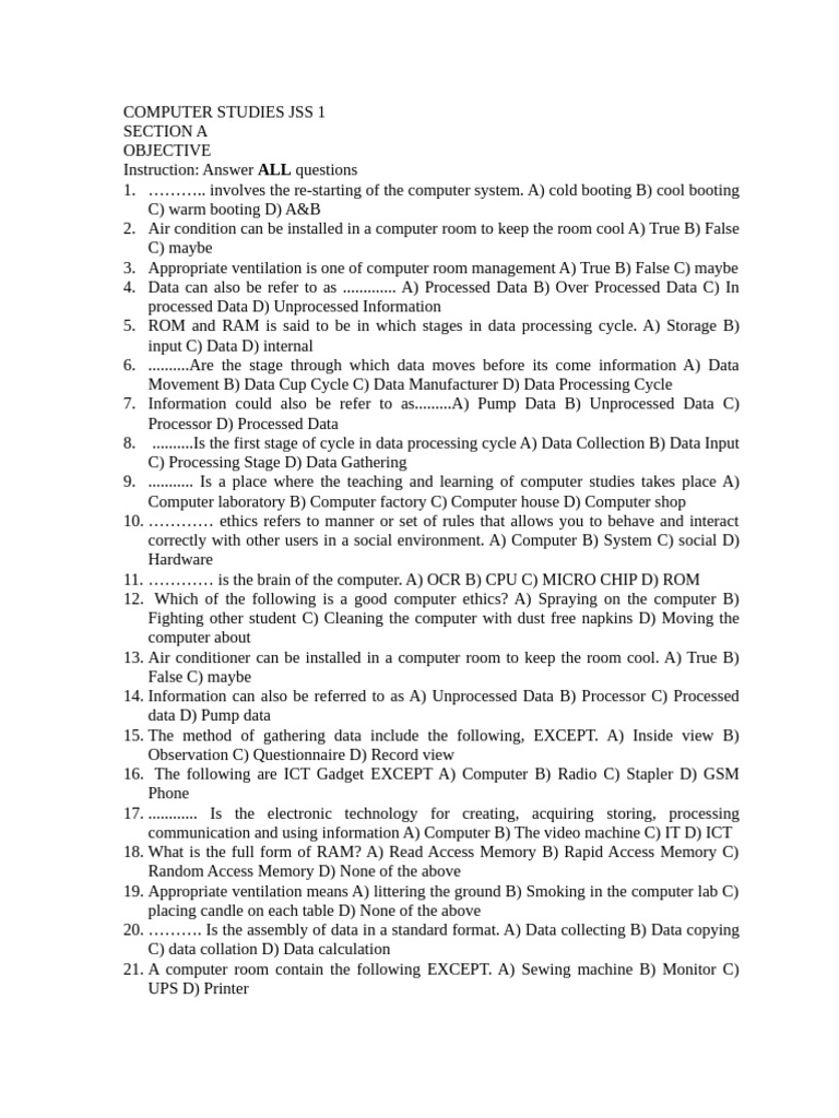 JSS 1 Exam GHS | PDF | Data | Random Access Memory