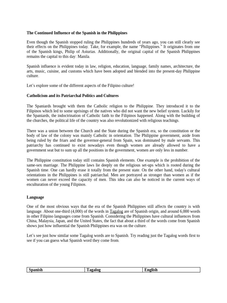 Spanish Influence on Philippine Culture | PDF | Philippines | Spanish ...