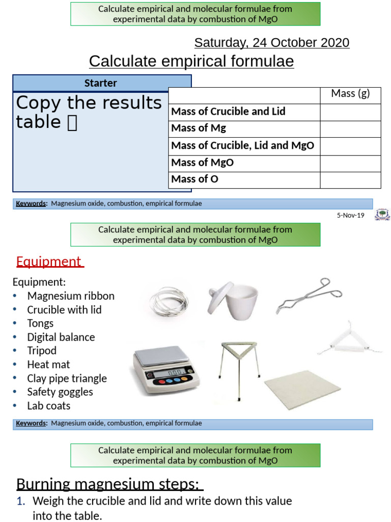 Calculating Empirical Formulae of Magnesium Oxide | PDF | Magnesium ...