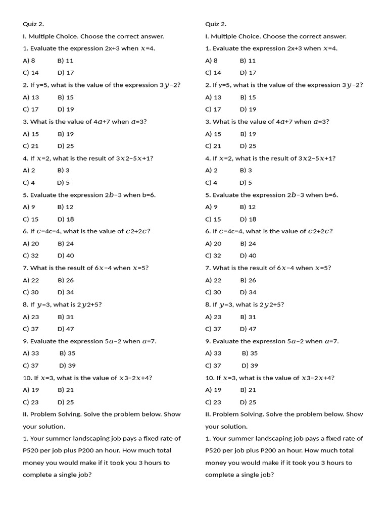 Math Quiz: Expressions & Problem Solving | PDF | Applied Mathematics