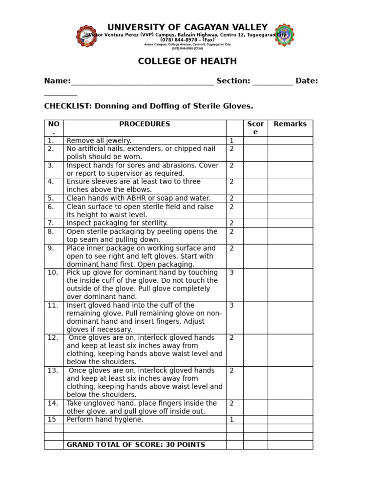 Donning and Doffing Sterile Gloves Checklist | PDF | Glove | Softlines ...