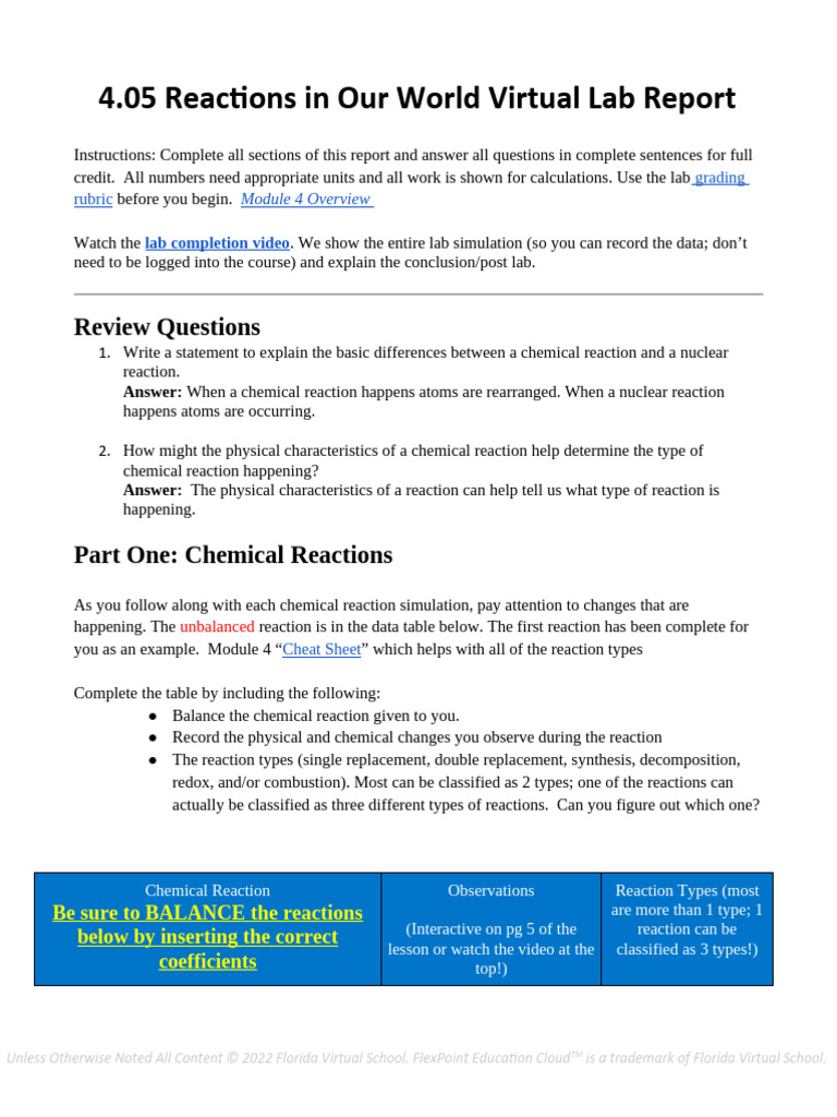 4.05 Reactions in Our World Lab Report | PDF | Chemical Reactions ...